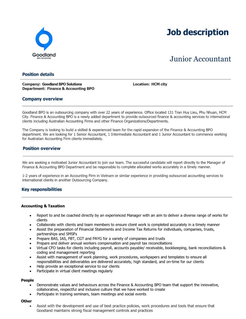 GoodLand- Junior Accountant Job Description